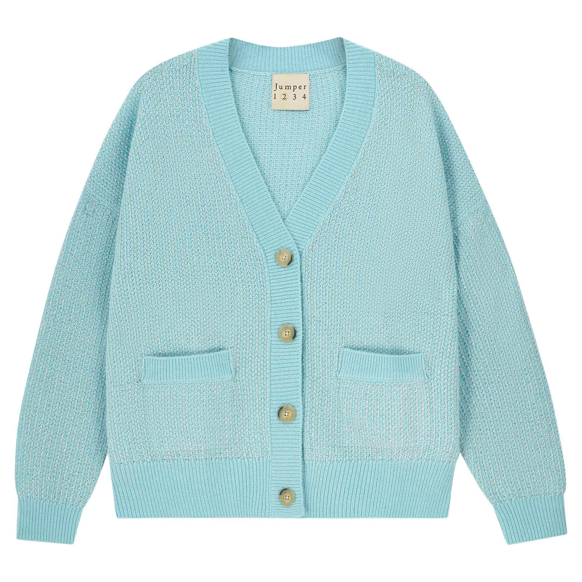 Jumper 1234 Cashmere Wool Lurex Birdseye Cardigan in Aqua and Silver