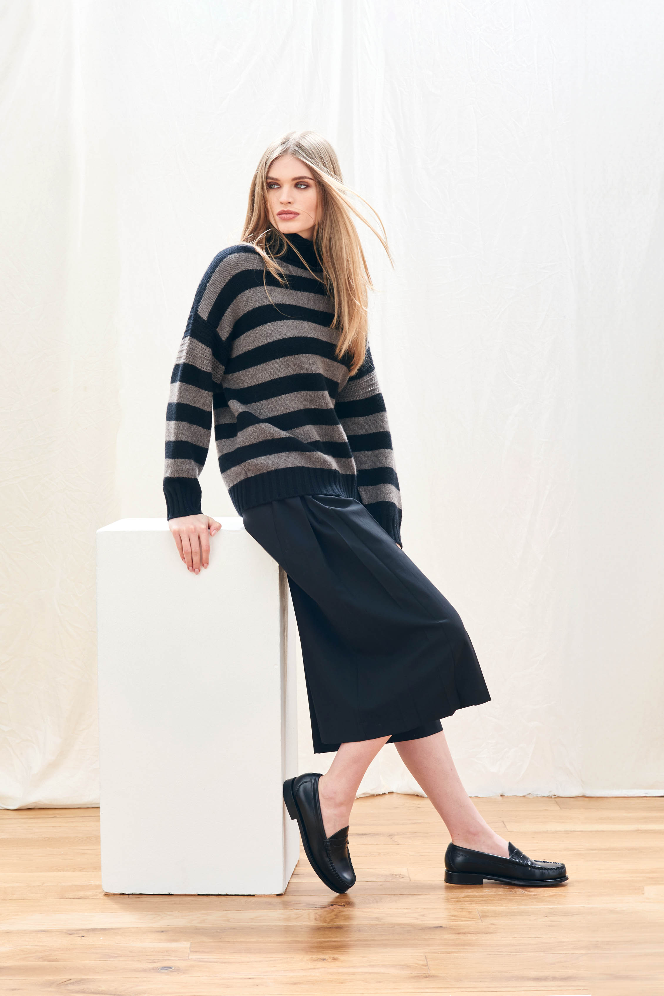 Cashmere Wool Breton Stripe Roll Neck in Black & Moose | Jumper 1234